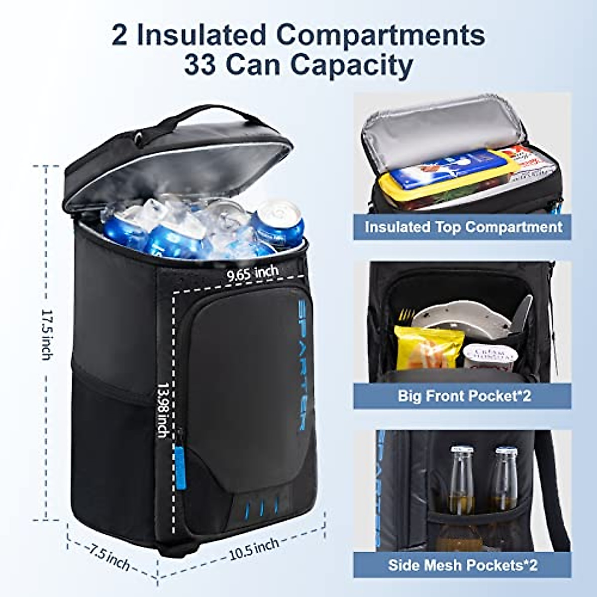SPARTER Backpack Cooler Insulated Leak Proof 33 Cans, 2 Insulated Comaprtments Thermal Bag, Portable Lightweight Beach Travel Camping Lunch Backpack for Men and Women