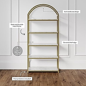 Nathan James Haven Etagere Bookshelf, 5-Shelf Faux Marble Bookcase in White Faux Marble Finish and Gold Metal Frame with Arch Top and Open Shelves, White/Gold
