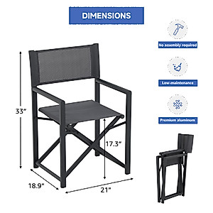 Soleil Jardin Outdoor Folding Director Chair Set of 2, Aluminum Portable Dining Chair Beach Chair for Camping Picnic Garden, Dark Grey Frame