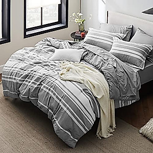 Bedsure Bed in a Bag Queen 7 Pieces, Grey White Striped Queen Bed Set Reversible, Cationic Dyeing Bedding Comforter Sets with Comforter, Sheets, Pillowcases & Shams