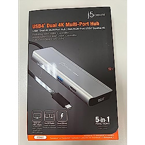 j5create USB4 Dual 4K Multi-Port Hub -5 in 1 USB4 Hub with PD 85W, Dual 4K Display, DisplayPort 1.4, USB-A, USB-C Ports | for Macbooks, Windows Laptops, Thunderbolt 3/4, and USB4 Devices (JCD401)