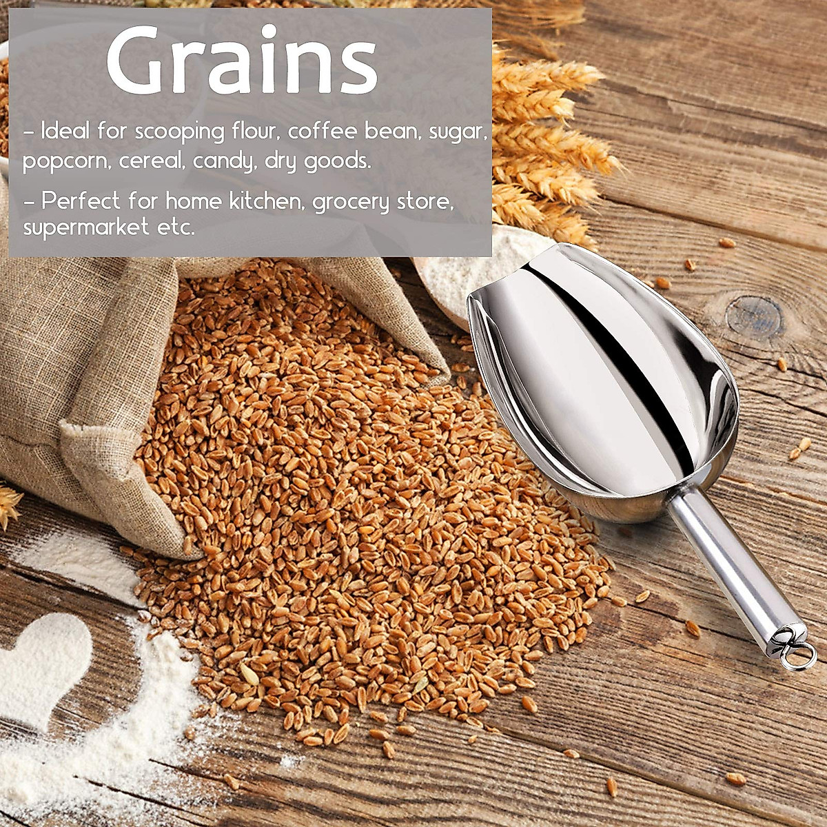 E-far 6 Ounce Ice Scoop Set of 2, Small Stainless Steel Scoops for Ice Cube/Candy/Flour/Sugar, Metal Utility Scoops for Canisters, Baking, Kitchen Pantry, Rust Free & Dishwasher Safe