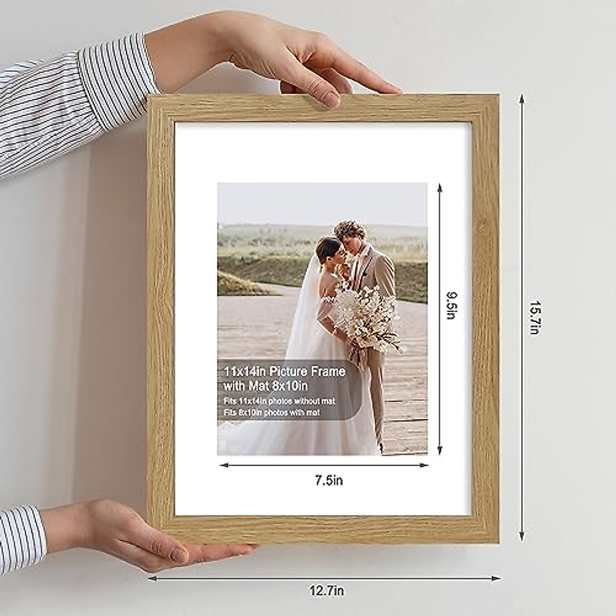 Hongkee 11x14 Picture Frame Set of 4, Made of Natural Oak Wooden Frame, Display 8x10 Pictures with Mat or 11 x 14 Posters without Mat for Wall Mounting, Gallery Photo Frames