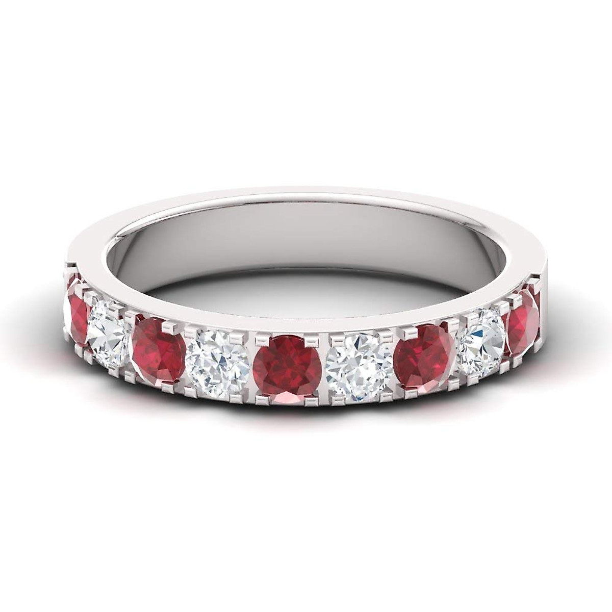 Diamondere Natural and Certified Ruby and Diamond Wedding Ring in 14K White Gold | 0.92 Carat Half Eternity Stackable Band for Women, US Size 7