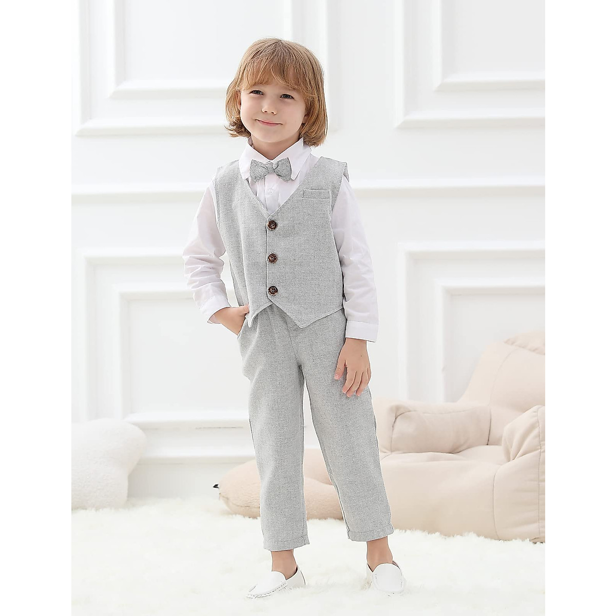 A&J DESIGN Toddler Suit for Boys Gentleman Wedding Church Photoshoot Formal Ring Bearer Outfit Dress Clothes Set Light Gray 2-3T
