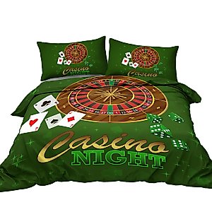 BlessLiving Classic Bedding Duvet Cover Set Roulette Rulet Casino Game Pattern Green Bedding 3 Pcs Playing Cards Dice Bed Spread for Boys Men (Queen)