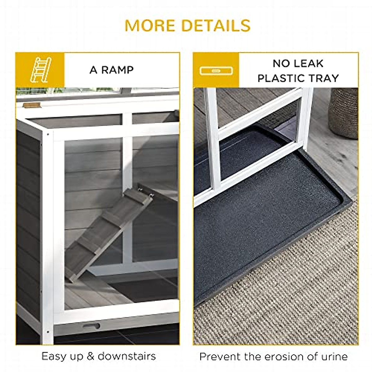 PawHut Indoor Rabbit Hutch with Wheels, Desk and Side Table Sized, Wood Rabbit Cage, Waterproof Small Rabbit Cage, Gray