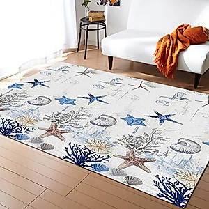 2x3ft Large Area Rugs for Living Room, Nautical Tropical Ocean Collection Area Runner Rugs Non Slip Bedroom Carpets Hallways Rug, Outdoor Indoor Nursery Rugs Décor, Anchor Starfish Shell Seahorse