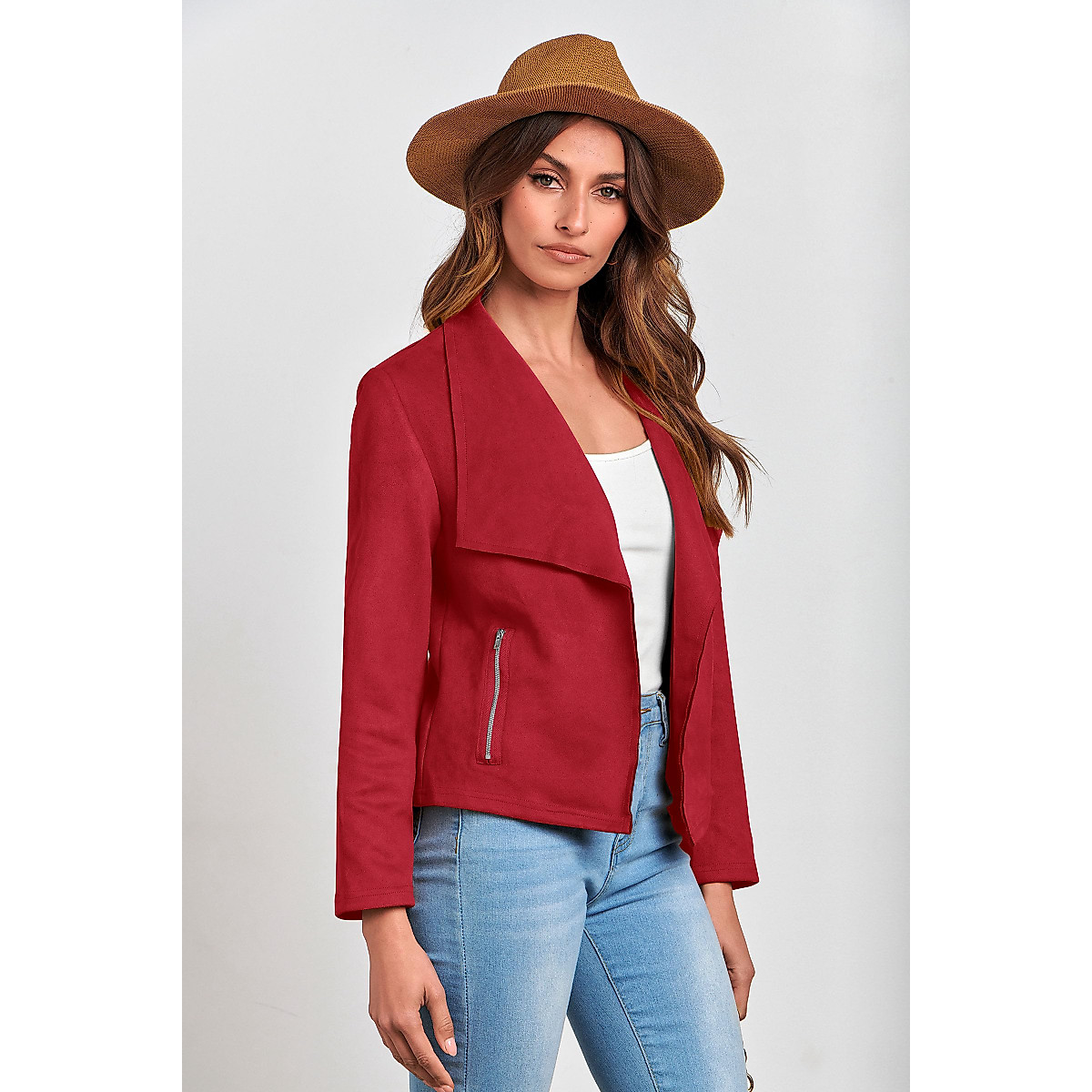 PRETTYGARDEN Women's Faux Suede Jackets 2025 Spring Fall Clothes Long Sleeve Open Front Cropped Coat Outwear (Red,Large)