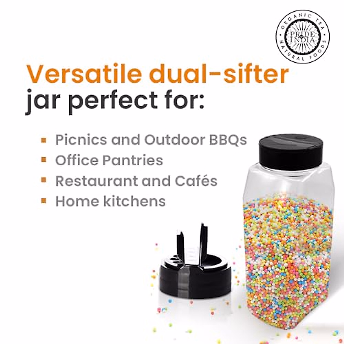 Pride Of India Large Clear Plastic Spice Jars w/Dual Sifter Cap | Food Grade BPA Free USA Made | 32 Fluid Ounce Capacity