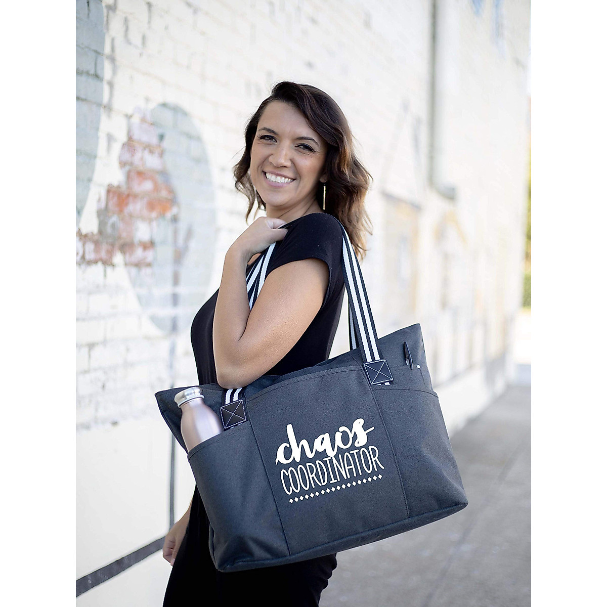 Brooke & Jess Designs Chaos Coordinator Tessa Black Zipper Canvas Tote Bag - Gift Ideas for Female Bosses, Thank You Office Appreciation Gift