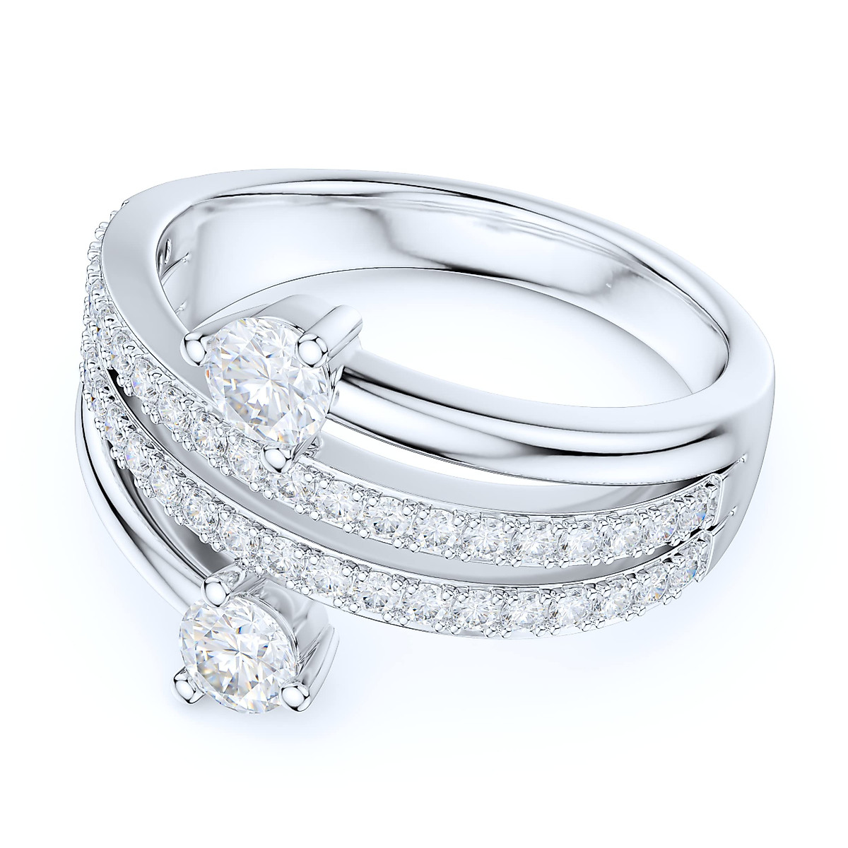 PRSTANI 13mm Wide Sterling Silver Split Quadruplex Row Simulated Round Brilliant Cut Diamonds Wedding Ring (7.5)