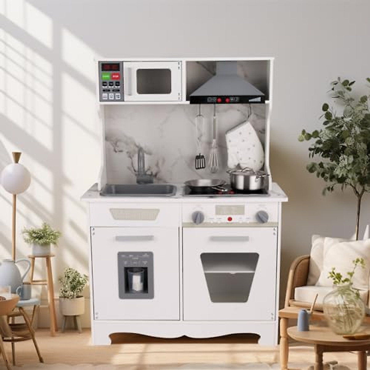 Wooden Play Kitchen Set for Kids, Toy Kitchen Playset with Real Lights and Sounds, Gift for Boys Girls Age 3+, Dimensions: 32” H x 28” W x 11” D (White)