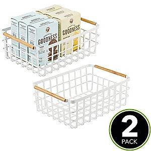 mDesign Metal Wire Storage Organizer Basket with Bamboo Wood Handles for Kitchen Pantry, Rustic Farmhouse Bin to Store Fruit, Coffee, Spices, Supplies, Yami Collection, 2 Pack, Matte White/Natural/Tan
