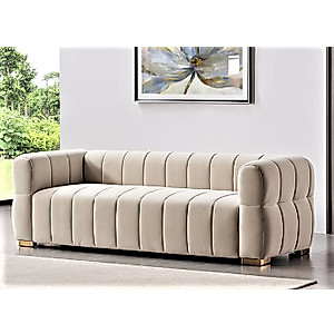 Container Furniture Direct Art Deco Velvet Sofa with Tufted Low Back Design, Sophisticated 3 Seater Couch for Living Rooms, 89 Inch Wide, Easy Assembly, Beige