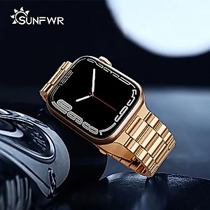 SUNFWR Compatible with Apple Watch Band 45mm 44mm 42mm for Men Women, Stainless Steel Metal iWatch Band with Case for Apple Watch Series 8/7/6/5/4/3/2/1/SE/SE2 (Rose Gold, 42mm/44mm/45mm)