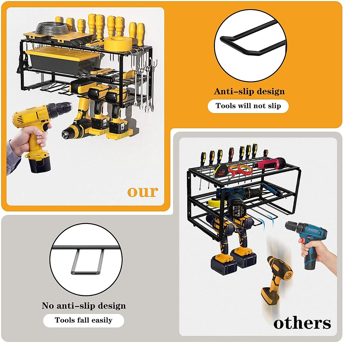 Power Tool Organizer Wall Mount, Cordless Drill Holde Garage Pegboard Tool Organizer Rcak, Multi-function Battery Charging Station Rack for Storage Parts Bin, Wrench, Pliers, Screwdrivers, Bit