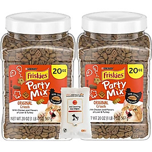 Aurora Pet Bundle (2) 20 oz Friskies Party Mix Original Crunch Chicken Cat Treats with AuroraPet Wipes