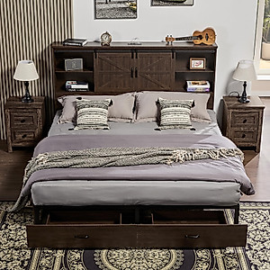 VanAcc Queen Size Bed Frame, Wooden Platform Storage Bed with 51.2" Bookcase Headboard, 2 Drawers, Charging Station/No Box Spring Needed/Noise Free(Brown)