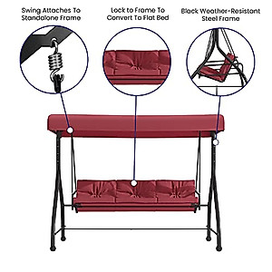 Flash Furniture Tellis 3-Seat Outdoor Steel Converting Patio Swing Canopy Hammock with Cushions / Outdoor Swing Bed (Maroon)