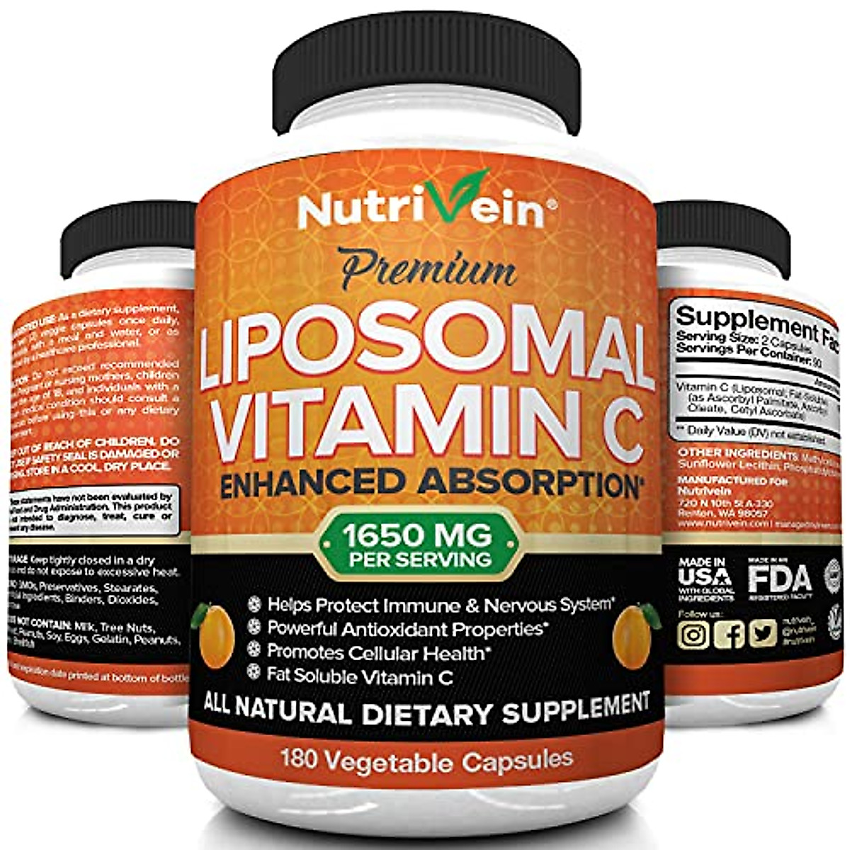 Nutrivein Liposomal Vitamin C 1650mg - 180 Capsules - High Absorption Ascorbic Acid - Supports Immune System & Collagen Booster - Powerful Antioxidant