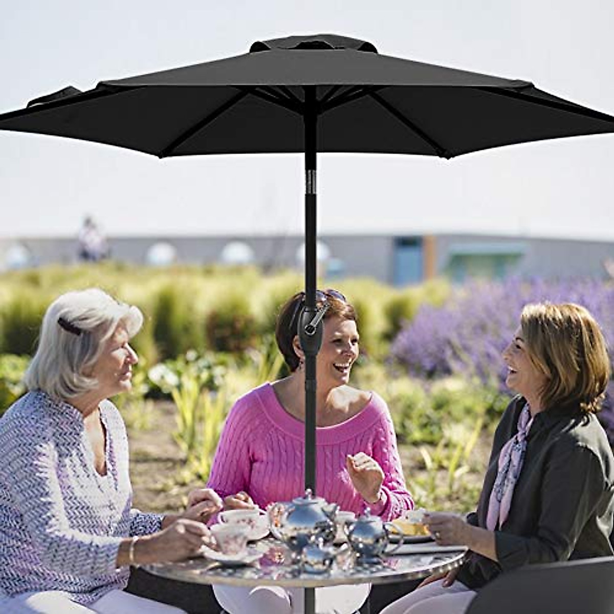 SUNVIVI OUTDOOR 7.5 Ft Patio Umbrella Outdoor Market Table Umbrella Luxury Aluminum Pole Umbrella with Push Button Tilt and Crank, 6 Ribs, Polyester Canopy, Black