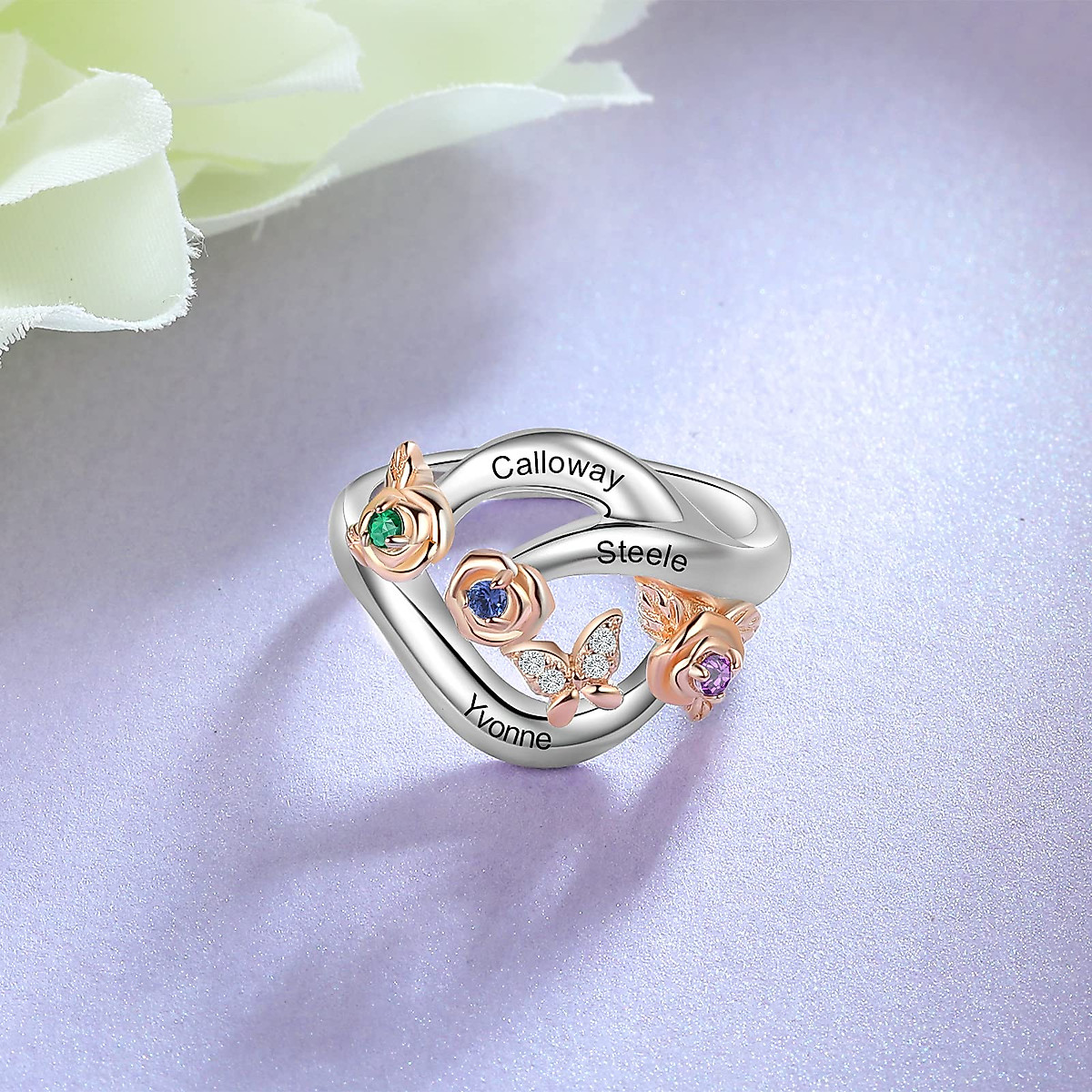 LanM Mothers Day Gifts Mothers Rings with 3 Birthstones Rose Ring Personalized Sterling Silver Custom Mom Ring with Name Gift for Wife Grandmother Family