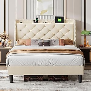 iPormis Queen Bed Frame with Deluxe Wingback & 2 USB Ports, Button Tufted Storage Headboard, Solid Wood Slats Support, No Box Spring Needed, Beige