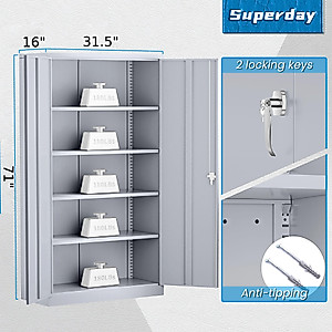 Superday 71" Lockable Steel Storage Cabinet, Locking Metal Storage Cabinets, Grey Metal Cabinet with 2 Doors and 4 Adjustable Shelves for Garage, Home Office, Classroom, File, Easy Assemble