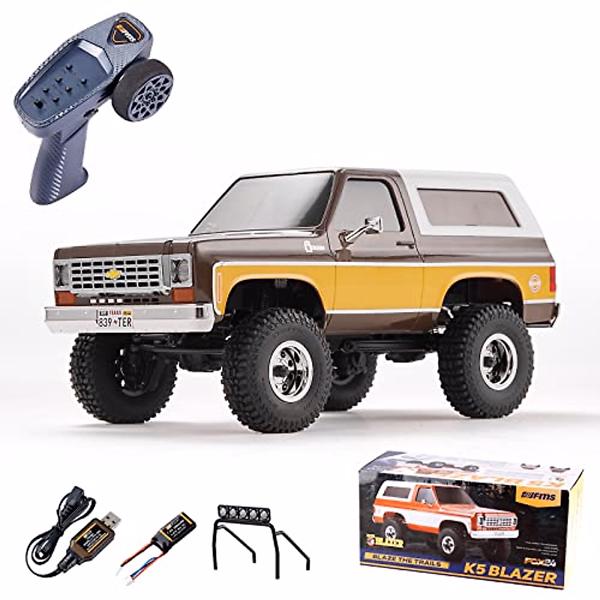 EAZYRC X FMS 1/24 Chevy K5 Blazer 1969s RC Truck RTR Brown, with Lisense RC Crawler, 4WD 5Km+ 2-Speed Transmission RC Car Off-Road Vehicle with 2.4 Ghz Radio, Battery, LED Light and USB Charger