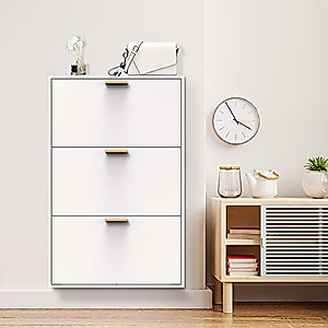 Omethey Shoe Cabinet with 3 Flip Drawers, Wall Mount & Floor Mount Shoe Organizer, All Steel White Narrow Shoe Storage Cabinet for Entryway, Hallway and Corridor