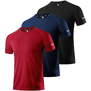 Boyzn 3 Pack Workout Shirts for Men, Moisture Wicking Quick Dry Active Athletic Men's Gym Performance T Shirts Black/Navy/Red-3P01-L