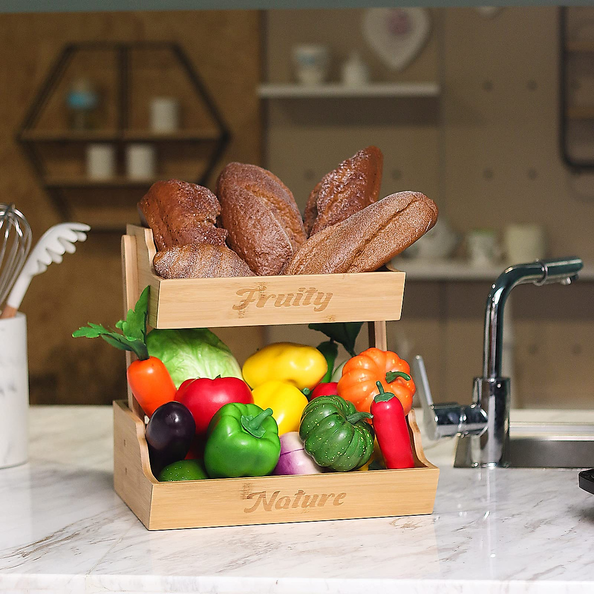 Lunavita 2 Tier Bamboo Fruit Basket, Fruit Stand, Large Fruit Vegetable Storage for Kitchen Countertop,Fruit Holder for Vegetables, Bread,Drinks, Snack Storage and Display