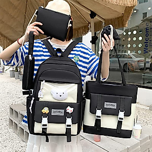4Pcs Kawaii Canvas School Backpack with Pendant, Aesthetic Laptop Shoulders Ita Bag, School Supplies Stationary for Back to School (Purple)