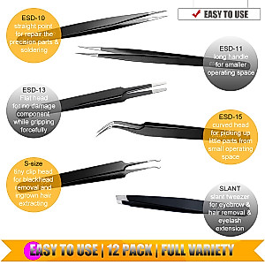 Antonki 12 Pack Precision Tweezers Set, Point and Slant Metal Tweezer Kits for Craft, Soldering, Jewelry, Ingrown Hair, Eyelash Extension, Eyebrow - with Case