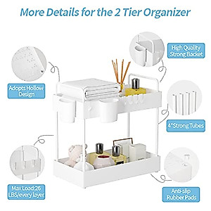 Ormeli Under Sink Organizer, 2 Tier Bathroom Sink Storage Under Cabinet Organizer Baskets Kitchen Countertop Organizer Multi-purpose Bath Collection Baskets with 6 Hooks 2 Hanging Cups(1 Pack, White)