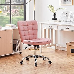 Yaheetech Armless Desk Chair Modern Tufted Office Chair Faux Leather Upholstered Computer Chair with Adjustable Seat Height and Rolling Wheels for Home/Office, Pink
