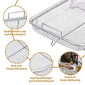 Ingcebo 13x9.6 Inch Stainless Steel Air Fryer Basket for Oven, Toaster Oven Crisper Tray, Air Fryer Basket for Convection Oven Cooking Baking Cooling, 2-Piece Set for Fries/Bacon/Chicken(Silver)