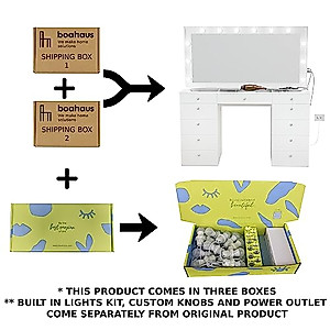 Boahaus Orla Modern Makeup Vanity Desk with Light Bulbs Built-in, USB Port and Power Outlet, 11 Drawers, Hollywood Vanity Mirror, Glam Glass Top Vanity, Crystal Ball Knobs, Big Vanity for Bedroom