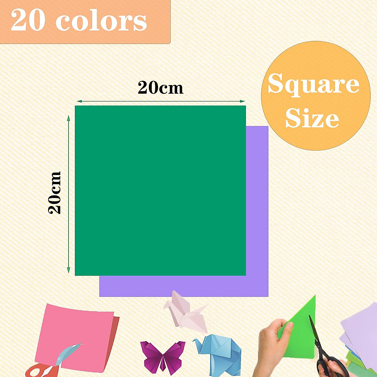 200 Sheets Origami Paper, 20x20 cm/8 Inch Origami Paper Double Sided(70gsm), 20 Colors Large Origami Paper Squares for Kids DIY School Arts Crafts Projects Children Adults