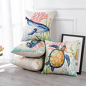 Artscope Set of 4 Waterproof Throw Pillow Covers 18x18 Inches, Marine Life and Pink Coral Pattern Decorative Cushion Covers, Perfect to Outdoor Patio Garden Living Room Sofa Farmhouse Decor