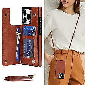 DEFBSC Compatible with iPhone 13 Pro Max Case, Crossbody Wallet Case, Adjustable Detachable Lanyard Neck Strap with Kickstand Leather Card Holder Protective Cover-Brown