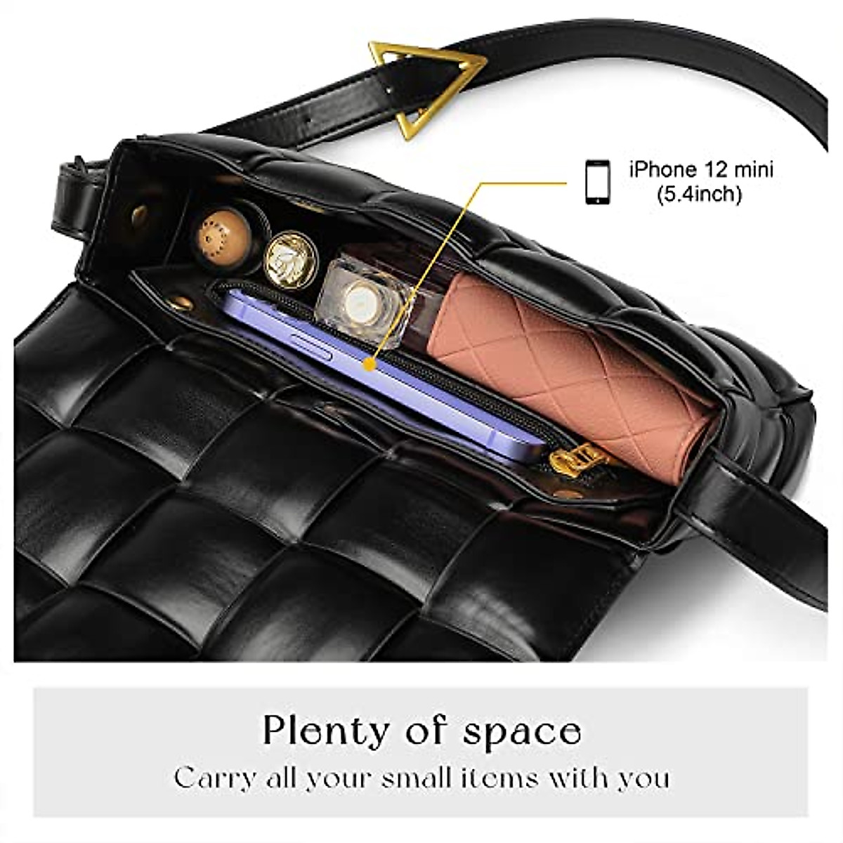 ZooLLyn Woven Padded Cassette Crossbody Trend Shoulder Bag for Women Clutch Bag Square Purse Hand Bag Black