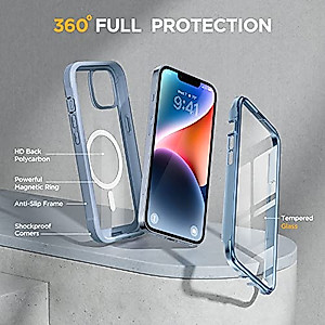 Miracase Magnetic iPhone 14/13 Case with Magsafe, Full-Body Bumper, Anti-Fingerprint 9H Tempered Glass, Dust Port - Blue