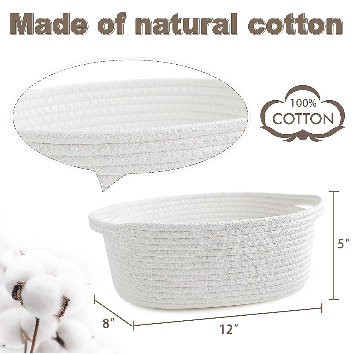 Bufims Small Woven Basket with Ribbons and Bags Durable Basket for Gifting Cute Gifts Basket 12"X 8" X 5" Small Rope Basket for Storage, White