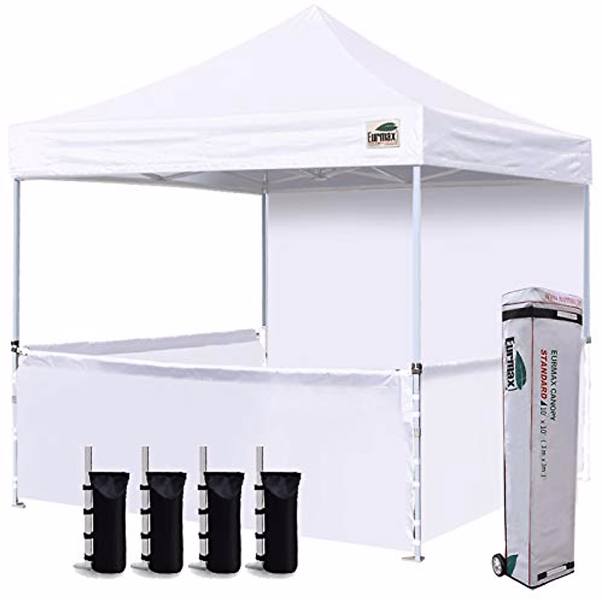 Eurmax 10'x10' Ez Pop-up Booth Canopy Tent Commercial Instant Canopies with 1 Full Sidewall & 3 Half Walls and Roller Bag, with 4 SandBags + 3 Cross-Bar(White)