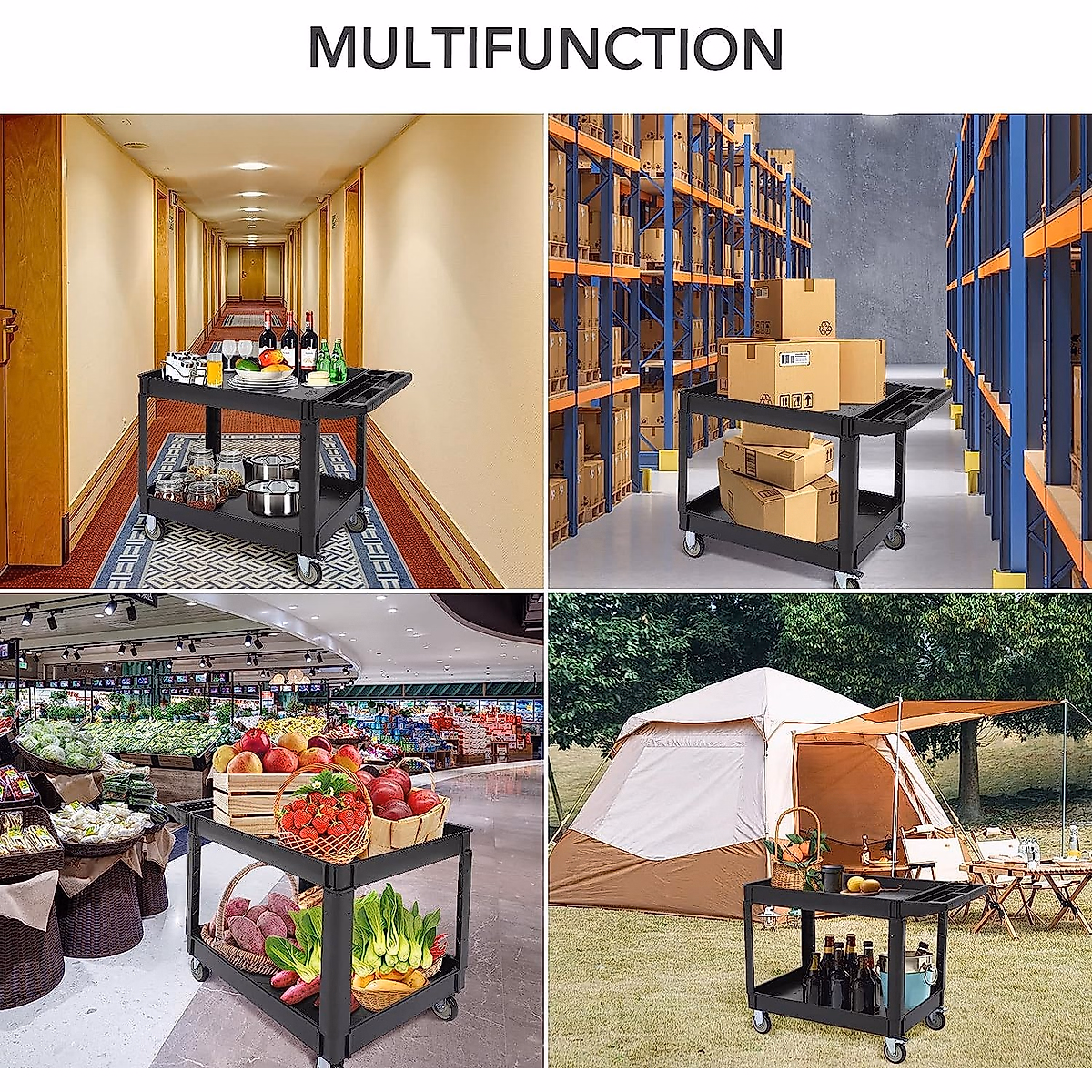 Service Utility Cart 2-Shelf Utility/Service Cart, 500-Pound Capacity, Storage Handle, for Warehouse/Garage/Cleaning/Manufacturing，45"X25"