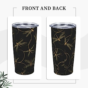 20oz Tumbler Golden Dragonfly Double Wall Vacuum Insulated Coffee Mug with Lid and Metal Straw Brush Reusable Stainless Steel Water Bottle Travel Cup Gifts for Car Ice Drinks Hot Beverage