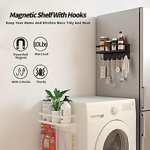 YJSMO 6 Hooks Magnetic Key Holder,Magnetic Key Racks with Tray,Magnetic Key Hooks,Magnetic Shelf for Keys,Letters, Coat Hooks,Used in Kitchen or Office,Made of Steel (Black, Medium)