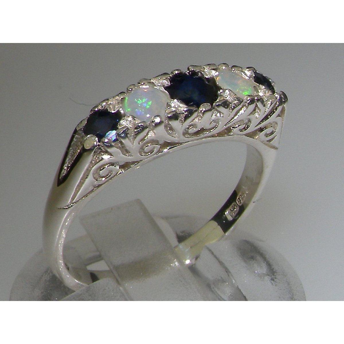 925 Sterling Silver Natural Sapphire and Opal Womens Anniversary Ring - Size 7.25